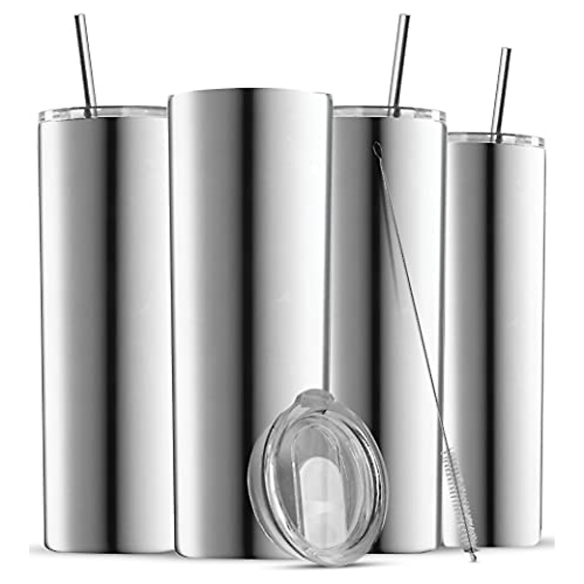 Insulated Skinny Stainless Steel Tumbler Set - 4-Pack 20oz Coffee Tumbler with Straw - Travel Coffee Mug With PBA Free Lids - Slim Vacuum Insulated Tumblers Keep Hot and Cold - Great for Home, Office.