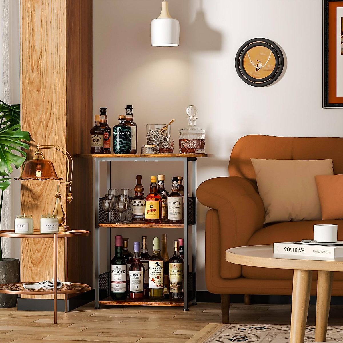 Eyteenokk Floor Standing Freestanding Whiskey Rack: 3 Tier Wine Rack Mini Bar Table Corner Wine Bottle Display Stand Liquor Cabinet Bar, for Bottles,Cocktail Shaker,Mugs