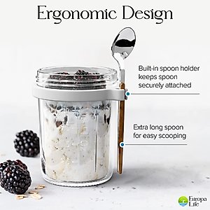 Overnight Oats Containers With Lid And Spoons | Mason Jars For Overnight Oats, Milk, Cereal| Small Containers with Lids | 10 OZ Each | Oatmeal Container | Includes Instructions & Recipes (Grey & Grey)