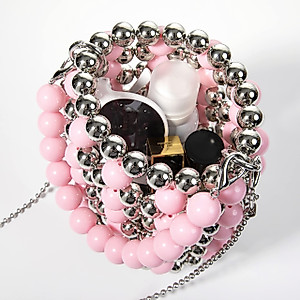 Abvokury YUSHINY Silver Acrylic Beaded Small Colored Bucket Evening Handbag with Detachable Strap Chain (Pink)