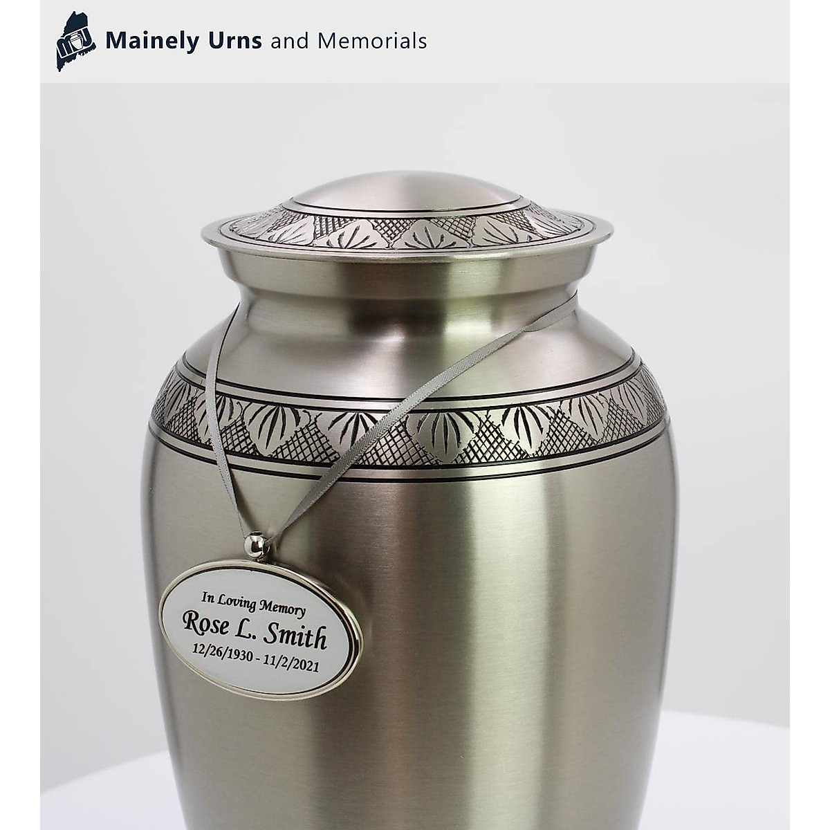 Hanging Silver Oval Personalized Pendant For Cremation Urns That Can’t Be Engraved - Includes Silver Satin Ribbon - Made of Solid Brass - Silver Tone Finish with Black Engraving