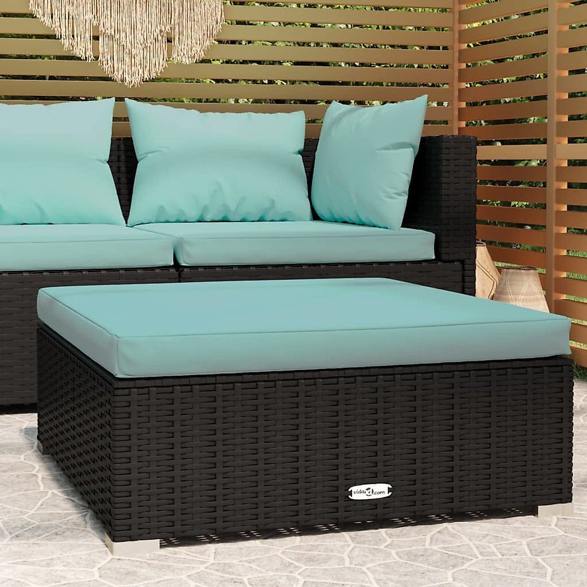 vidaXL Poly Rattan Patio Footrest with Cushion - Weatherproof Outdoor Ottoman with Durable Steel Frame and Plastic Feet, Lightweight, Includes Removable Aqua Fabric Cushion.