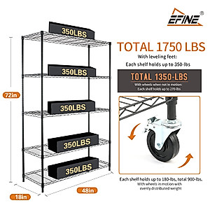 EFINE 5-Tier Chrome NSF Certified Storage Shelves, Heavy Duty Steel Wire Shelving Unit with Wheels and Adjustable Feet, 500lbs Loading Capacity Per Shelf, Pantry, Garage, Kitchen Shelving(18"x48"x72")