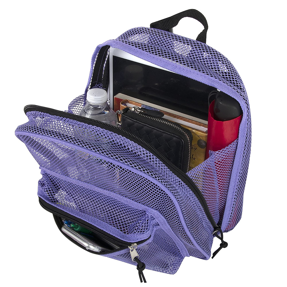 Mini Mesh Backpack for Women, Men, Beach Toys, Pool, and Swimming Gear; Mini Transparent Backpacks with Padded Straps (Purple)