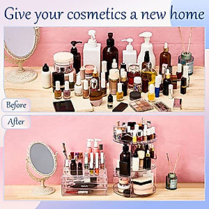 Maitys Set of 2 360° Rotating Makeup Organizer and Cosmetic Display Cases 3 Drawers Stackable Storage Box Adjustable Cosmetic Storage Display Case for Jewelry Accessories Lipsticks, Clear Transparent