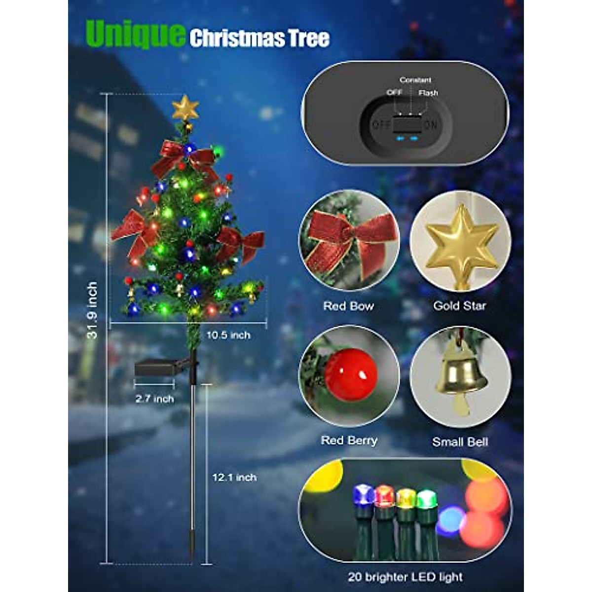Solar Christmas Decorations Tree Lights Outdoor Waterproof, 20LED-Lights Solar Yard Decorative, Solar Stake Lights Xmas Tree Garden Decor with Constant & Flashing Modes for Pathway Lawn Patio, 2PCS