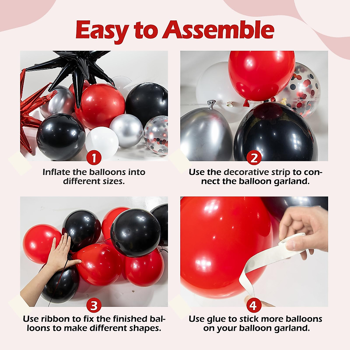 Red and Black Balloon Arch Kit with Star Balloons, Red Black and White Metallic Silver Balloon Arch Garland Kit for Birthday Prom Red Black Graduation 2024 Party Decorations