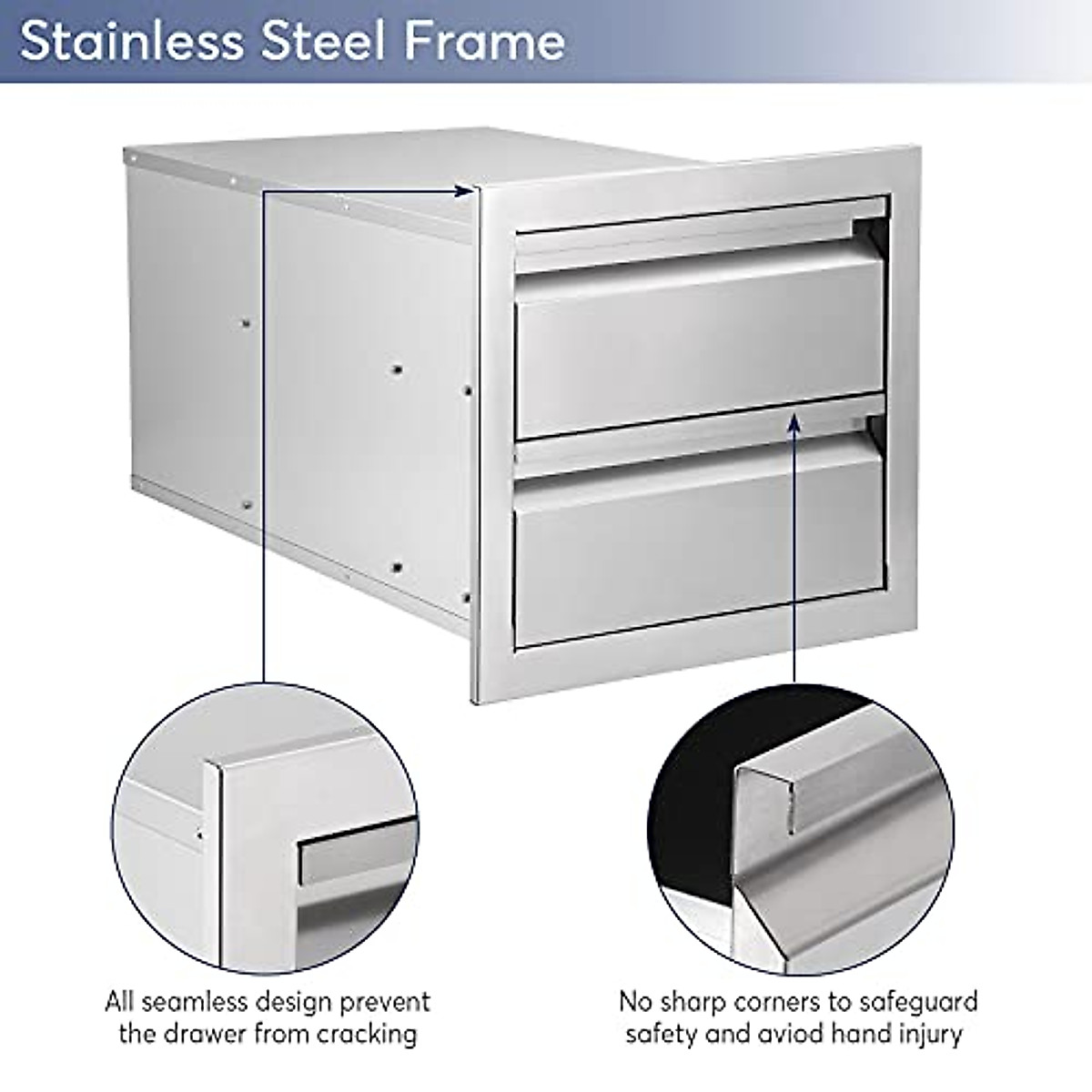 Seeutek Outdoor Kitchen Drawers Stainless Steel, 14W x 14.4H x 23.2D Inch Flush Mount Double Drawers with Embedded Handle, BBQ Drawers for Outdoor Kitchens or BBQ Island Patio Grill Station