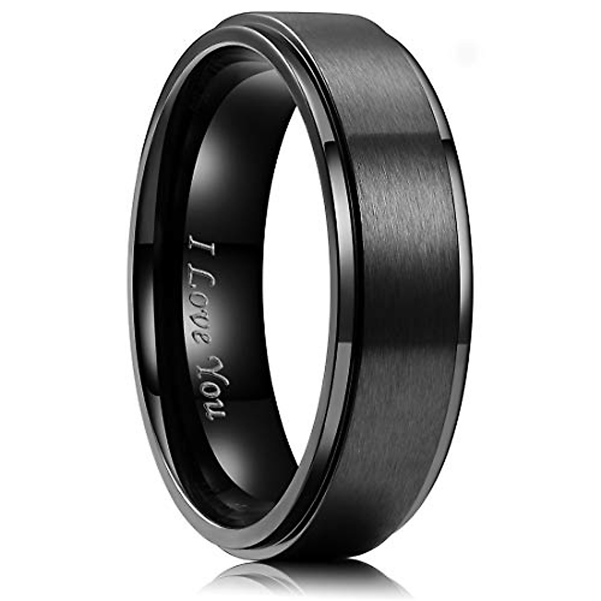 King Will Men 6mm Black Matte Brushed Stainless Steel Ring Stepped Beveled Edge Laser Etched I Love You 9.5