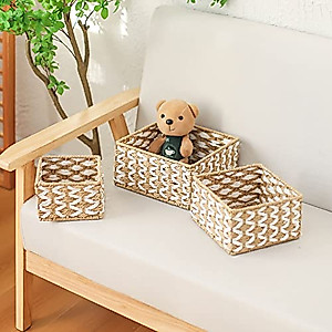 Storage Baskets Set 3 -Stackable Woven Basket Paper Rope Organizing Baskets Set Handmade Decorative Home Storage Bin for Makeup/Closet/Bathroom/Bedroom (off white)