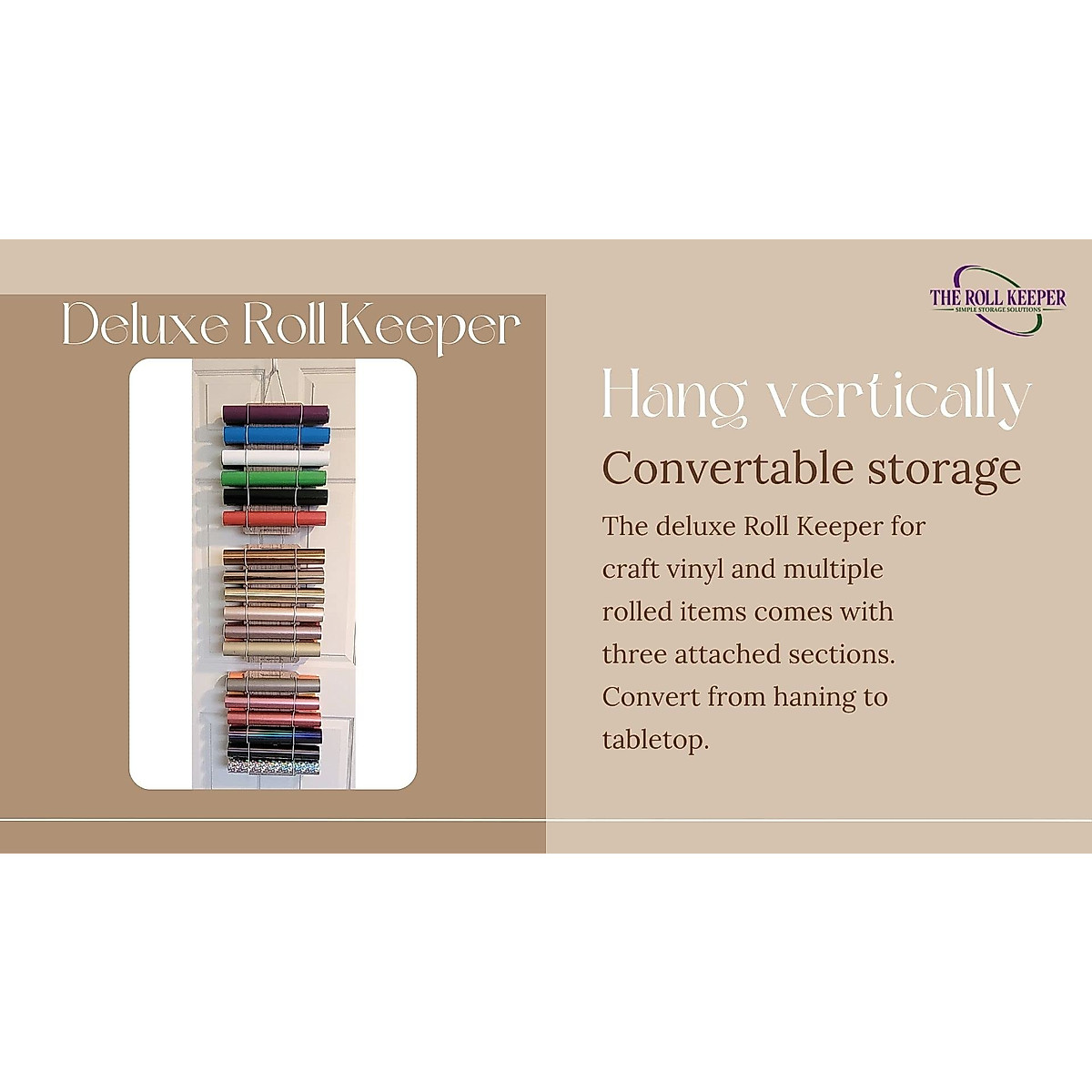 The Roll Keeper, Vinyl Roll Holder and Craft Room Organizer, Hanging Adjustable Rack, Diamond Painting Accessories ,Closet, Door and Wall Mount, Holds 24 Roll (White, Holds 24)