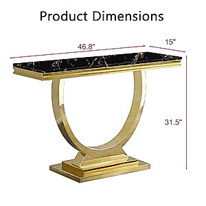 47 Inch Marble Console Table w/Gold U-Shaped Stainless Steel Base Mid-Century Modern Entryway Table for Living Room Hallway Luxury Foyer Table Sofa Table witn High Glossy Finish (Black&Gold)