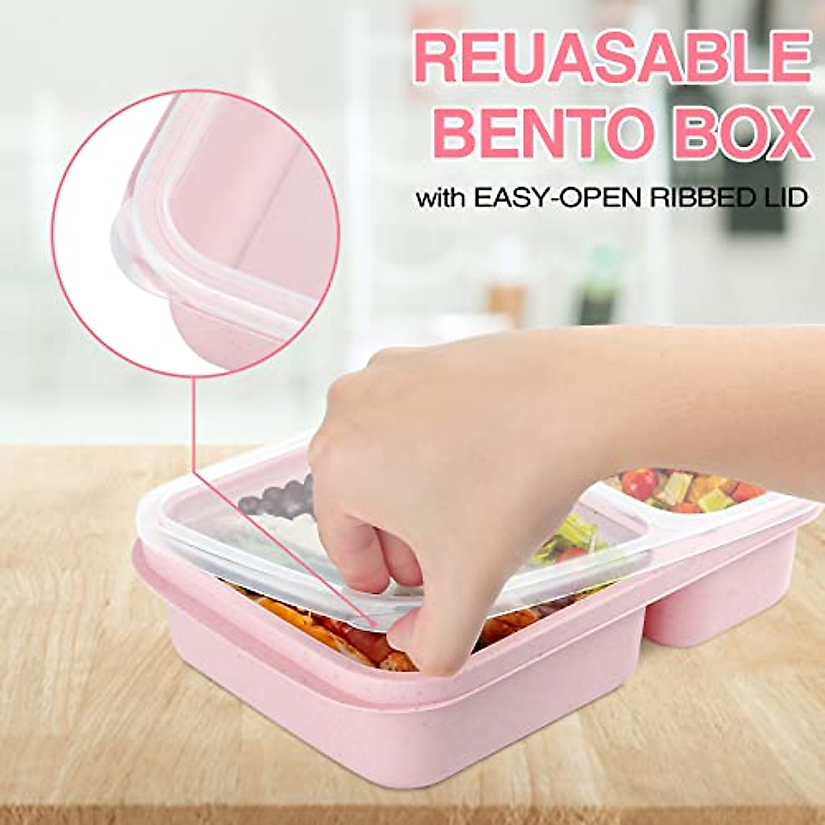 6 Pack Lunch Containers for Kids, 3 Compartment Bento Lunch Box, Reusable Food Storage Bento Box Meal Prep Containers for School, Work and Travel with Forks and Spoons