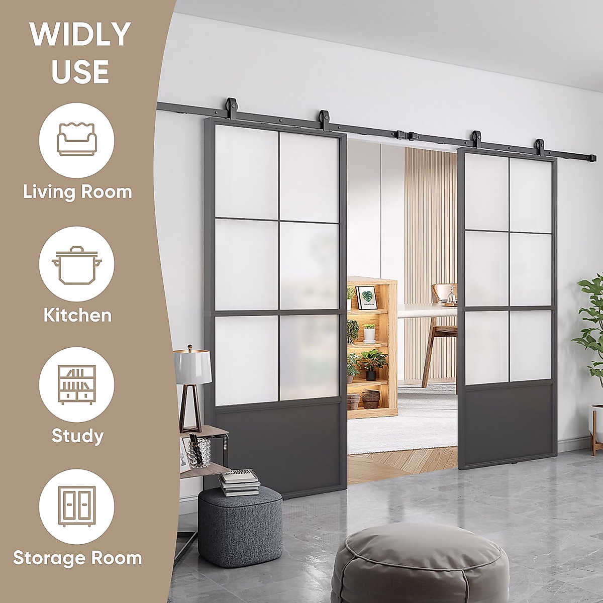 JUBEST Double Barn Door 72 x 84 in with 12FT Hardware Kit and Soft Close Mechanism, 2 Sets of 36x84 in Paneled Frosted Glass Carbon Steel Frame Barn Door,Pocket Interior Door, Easy Assembly