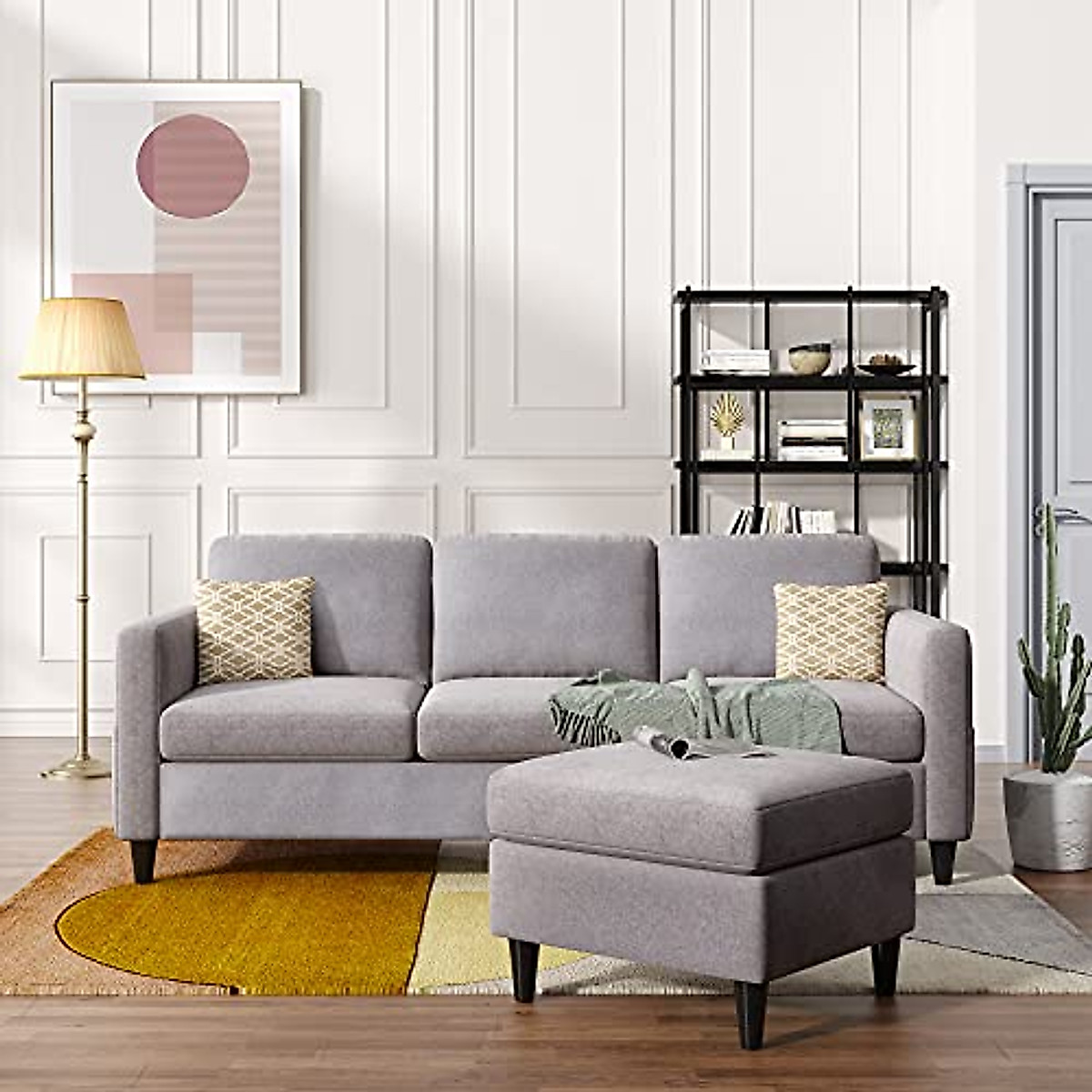 Morhome Rivet Revolve Modern Upholstered Sofa with Reversible Sectional Chaise, Living Room L-Shape 3-Seater Couch, Gray Linen