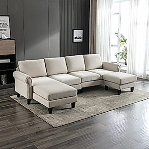 HomSof U-Shape Sectional Sofa Set for Living Room, Mid Century Modern Couch with Chaise and Ottoman, Beige