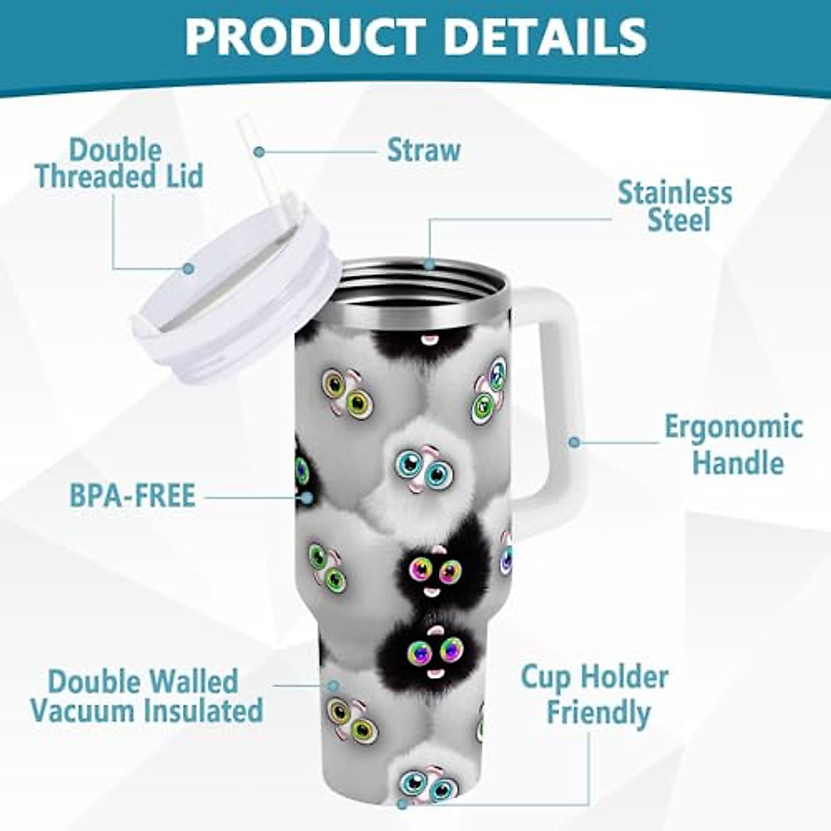 RPLIFE Cute Fun Vivid Black White Creatures 40oz Tumbler with Handle, Stainless Steel Water Bottle with Straw, Coffee Tumbler