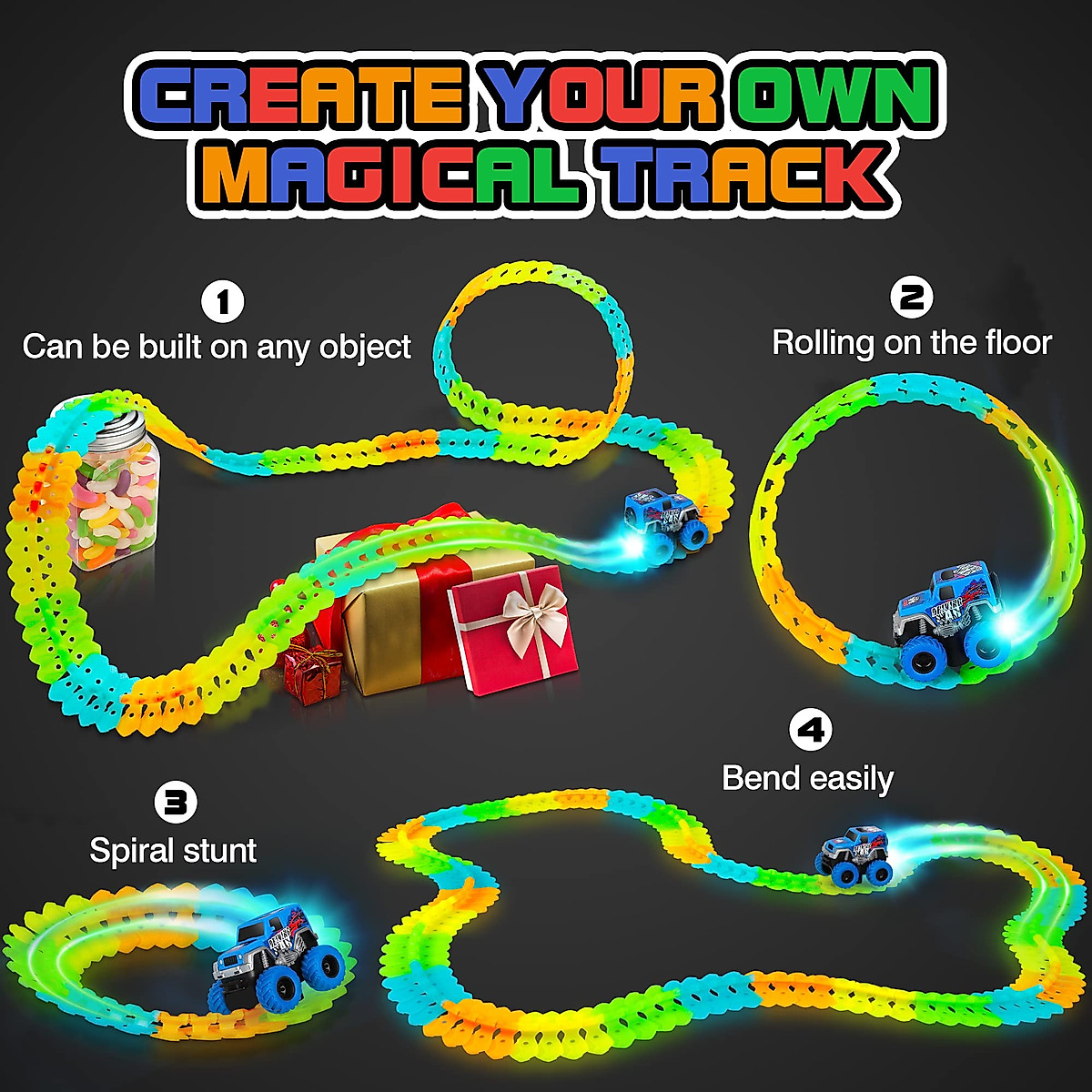 Race Car Track Toys for Kids, Race Car Toys with LED Light and Flexible Changeable Magic Track, Christmas Birthday Gifts Toys for Age 3 4 5 6 7 Years Old Boys Girls