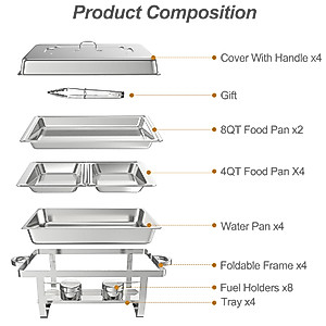 Lifezcime 4 Pack Chafing Dishes Buffet Set 8QT Stainless Steel Chafer, Foldable Food Warmers with Full Size Pan & Half Size Food Pans, Serving Tongs for Weddings, Party, Banquet,Catering,Buffet