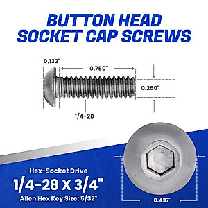 Fastenere Button Head Socket Cap Screws - 1/4-28 x 3/4" (25 Pack) Stainless Steel 18-8, Full Thread, Bright Plain Finish, Corrosion-Resistant, Machine Thread, Easy to Install w/Allen Socket Drive