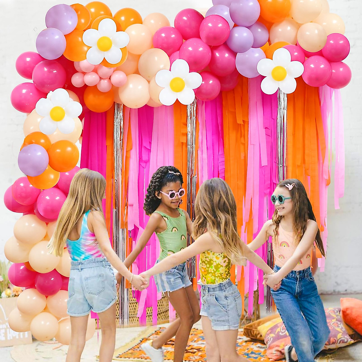 Pink Orange Groovy Balloon Arch Fringe Backdrop, Daisy Balloon Garland Arch Kit, Groovy Streamers for Flower Groovy Birthday Baby Shower Wedding Bachelorette Groovy Party Decorations