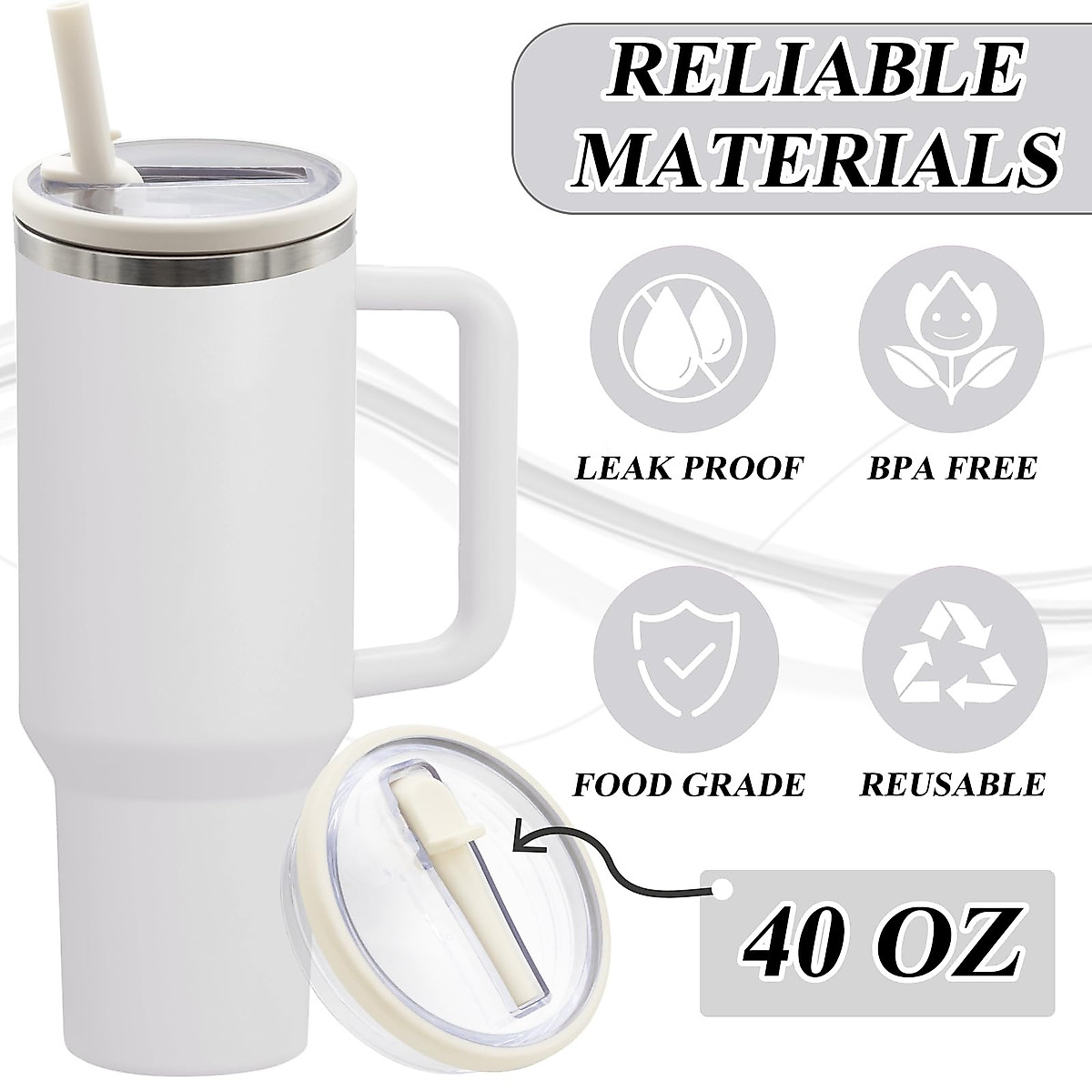 2 Pack 40oz Tumbler Lid Compatible with Stanley Cup 40 oz Tumbler Flip Straw Lid Replacement Fit for Stanley Quencher Leak-Proof Splash Resistant Reusable Tumbler Cover (White)