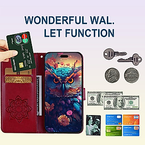 Ephoou Compatible with Apple iPhone 15 Pro Flip Glitter Wallet Case for Women, Pu Leather with Card Slots Crystal Diamond Owl Embossing Shockproof Cover Case for iPhone 15 Pro MTY-Red