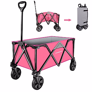 HAUSHOF Heavy Duty Collapsible Wagon, Folding Outdoor Utility Wagon, Camping Garden Beach Cart with Universal Quick Release Wheels, Adjustable Handle, 176 lbs Load Capacity, Pink