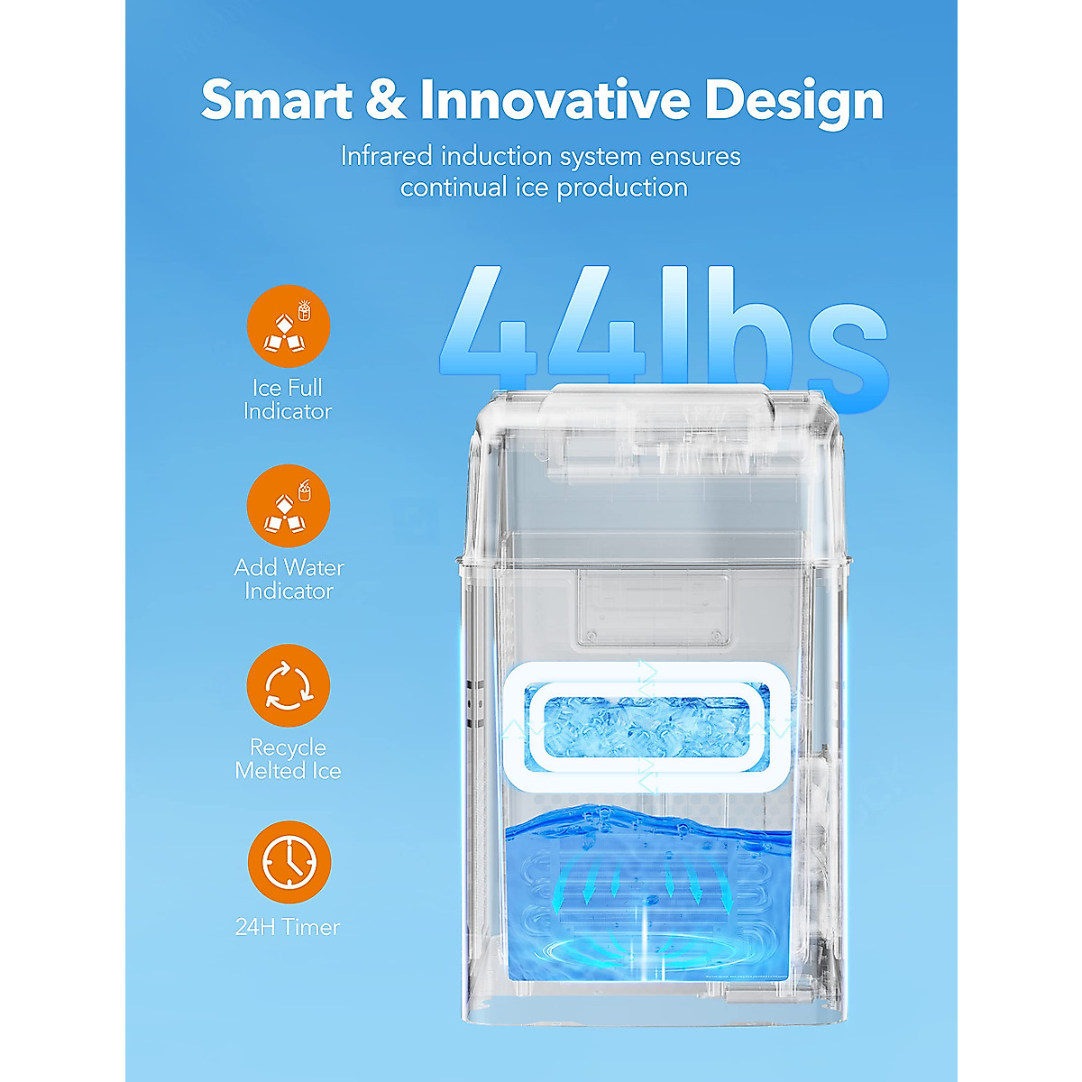 Nugget Ice Maker Countertop 44lbs, Pebble Ice Maker Machine, 15mins Ice-Making, Self-Cleaning, 4lbs Ice Backet, 2.2L Water Tank, Sonic Ice Maker for Home Office Bar Party