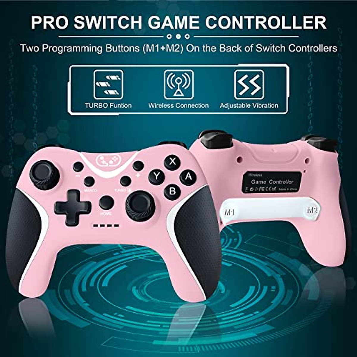 BRHE Wireless Switch Controllers Pink,Nintendo Switch Controller for Nintendo Switch/Lite/OLED/Windows PC with Programmable/Vibration/Turbo Funtion,Switch Pro Controller Gamepad with 2 Thumb Caps