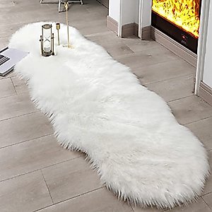 linmopm Super Soft Fluffy Faux Fur Sheepskin Rugs Bedroom Floor Sofa Living Room Runner High-Density Cushion Plush Carpet Sofa Cover Bedside Rugs (2x6 ft Sheepskin, White)