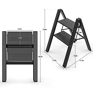 elfinrm 2 Step Ladder, Aluminum Folding Step Stool with Anti-Slip and Wide Pedal, for Library, Kitchen, Office, 330 lbs Capacity, Black