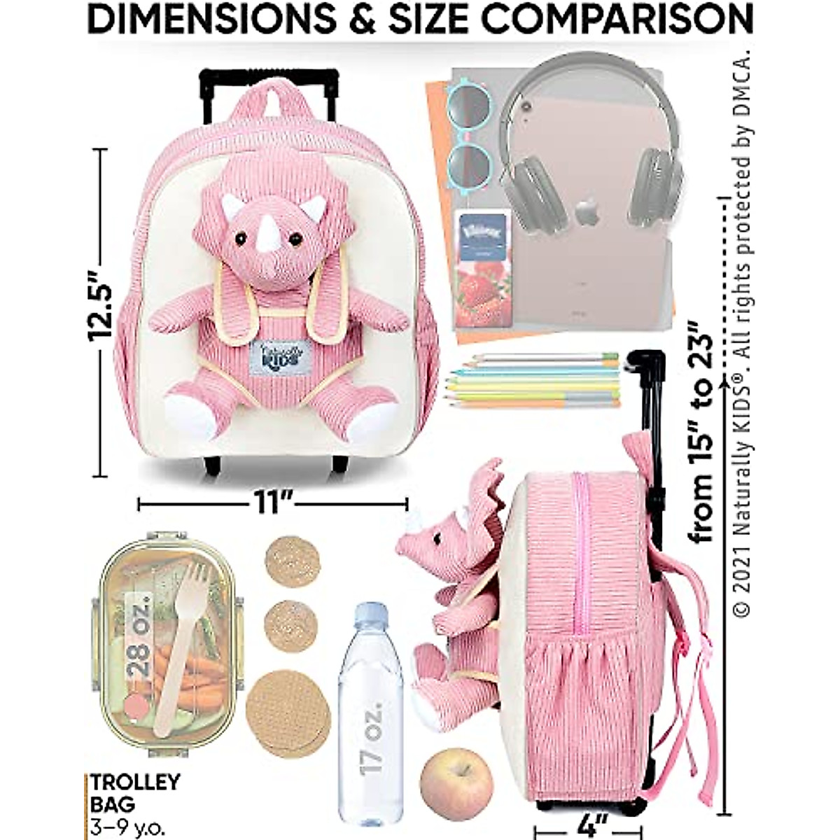 Naturally KIDS Dinosaur Backpack - Dinosaur Toys for Kids 3-5 - Kids Suitcase for Girl Boy w Stuffed Animal - Gifts for 7 Year Old - w Pockets & Reflective Logo - Rolling Backpack w Pink Triceratops
