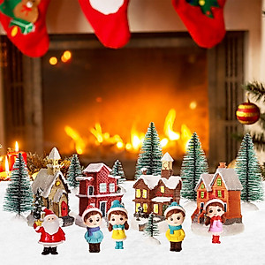 18 Pcs Christmas Village Set Includes 4 LED Lighted Christmas Village Houses 4 Boys Girls Figurines Resin Santa Model 8 Mini Christmas Tree Snow Blanket Roll Winter Xmas Village Collection for Desktop