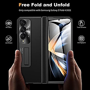 Kaiiecal Leather Galaxy Z Fold 4 Case: Genuine Skin Feeling, Built-in Screen Protector, Kickstand, Hinge Protection, Shockproof Cover - Black