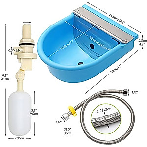 MINYULUA Automatic Waterer Bowl Large Horse Watering Bowl with Float Valve, Drain Plug & Braided Hose, Livestock Water Trough for Dog Goat Cattle Sheep Pig, Light Blue