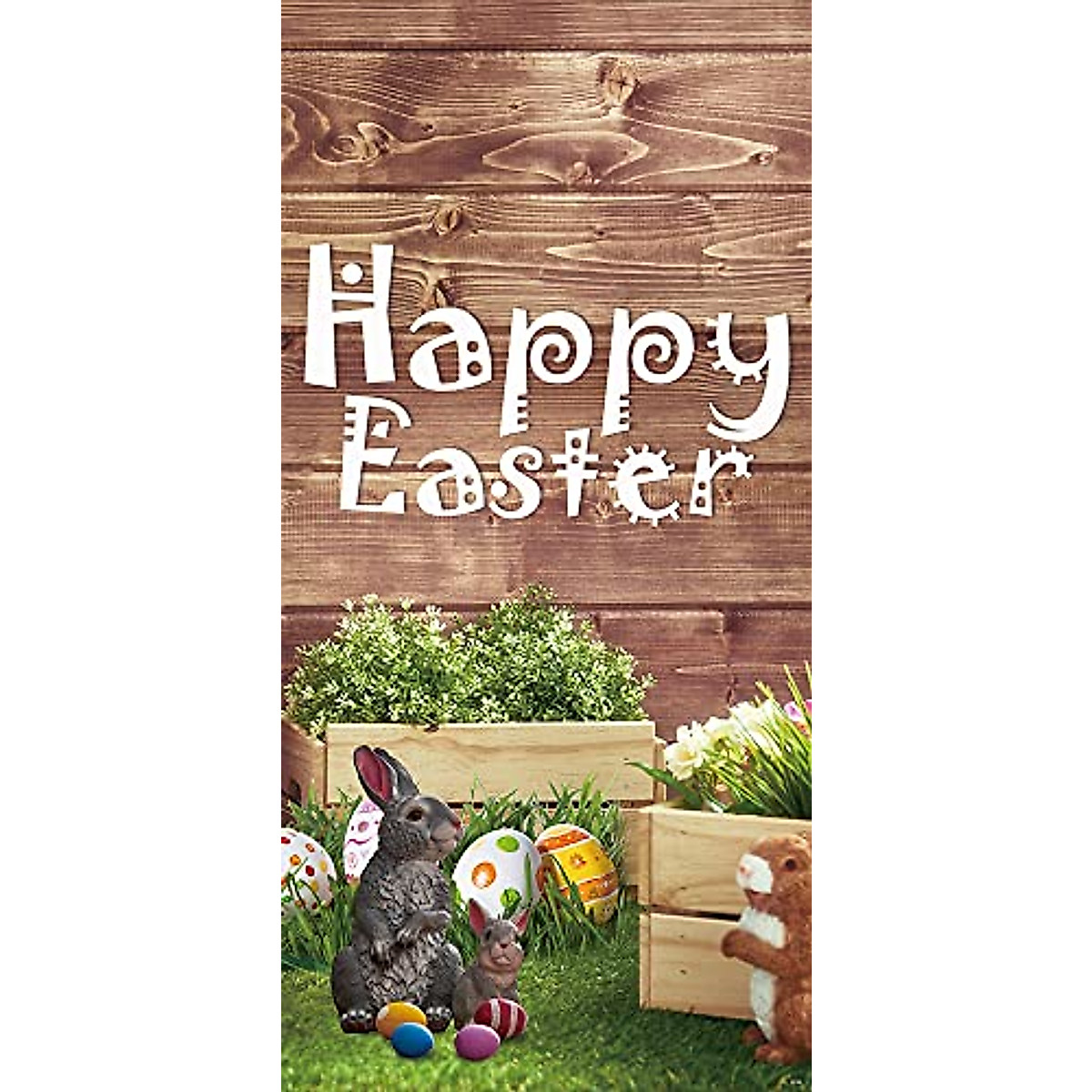 ZDX Happy Easter Door Banner Rustic Wooden Floor Banner Spring Bunny Egg Flower Rustic Farmhouse Easter Party Backdrops Door Banner