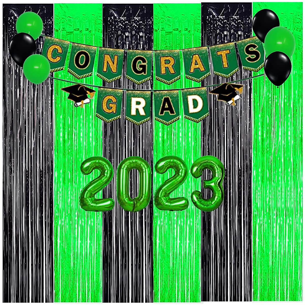 Green and Black Party Decorations, Birthday Decorations for Men Green Black Graduation Backdrop 2025 Black Green Backdrop Foil Fringe Curtains Halloween Party Photo Streamers (3 Pack)