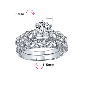 Bling Jewelry Silver Vintage Style .75ct CZ Engagement Wedding Ring Set ,5