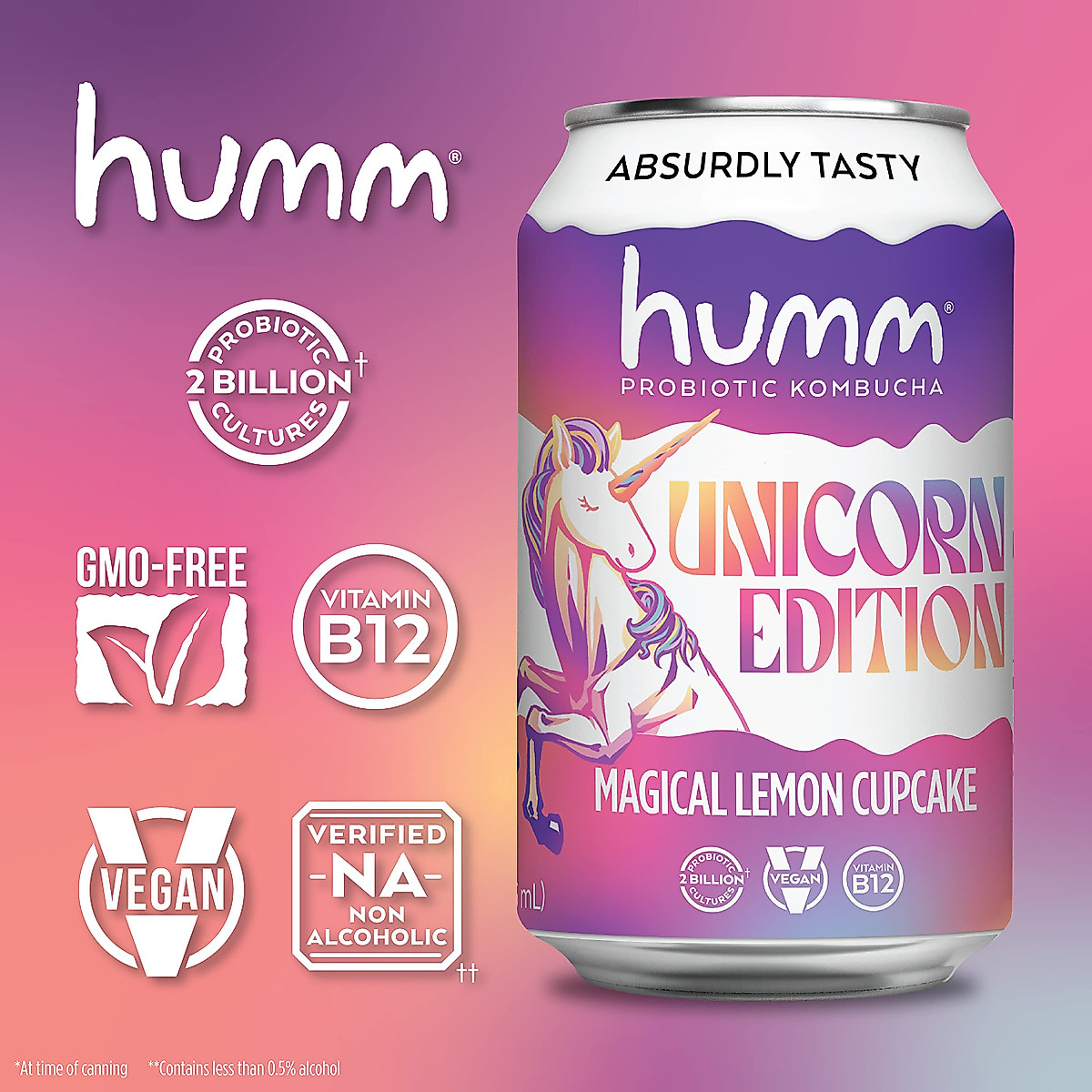 Humm Kombucha Magical Lemon Cupcake, Unicorn Edition - Organic, Vegan & GMO-Free (6 Pack)