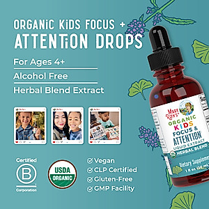MaryRuth Organics Kids Brain Supplements for Memory and Focus, USDA Organic Drops with Ginkgo Biloba, Rhodiola Root & Licorice Root, Focus & Attention, Calm, Vegan, Non-GMO, Gluten Free, 30 Servings