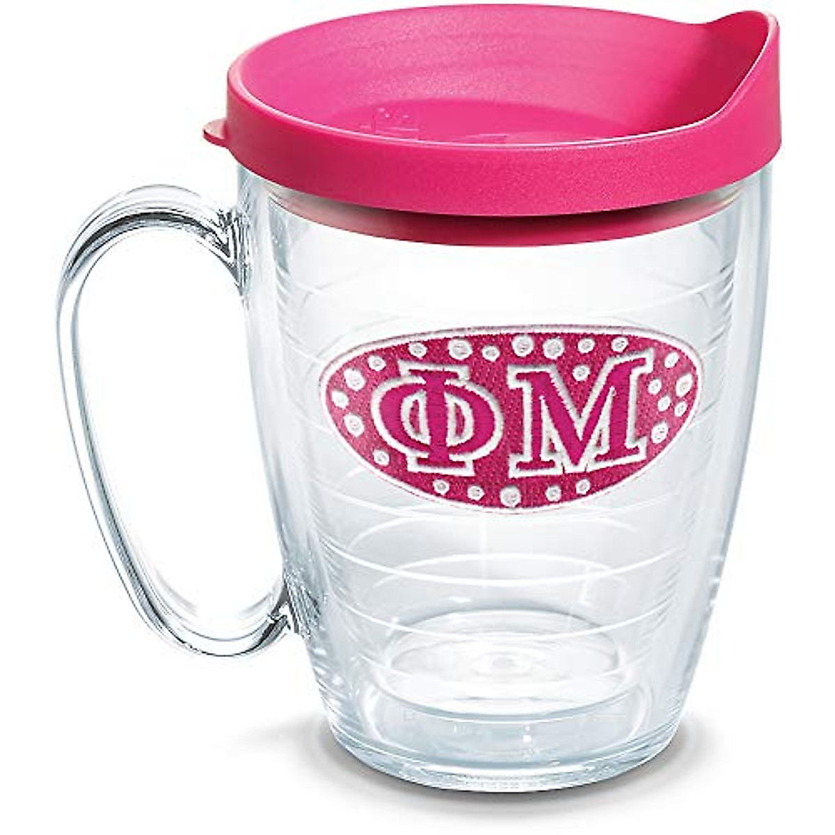 Tervis Fraternity - Phi Mu Tumbler with Emblem and Fuchsia Lid 16oz Mug, Clear