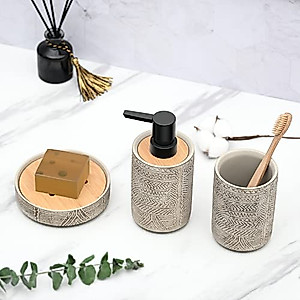 Bathroom Accessory Set, Grey Soap Dispenser Toothbrush Holder Set, Concrete Bathroom Accessories Set - Includes Soap Dispenser, Tumbler, Soap Dish (Vintage Engraving - Concrete)