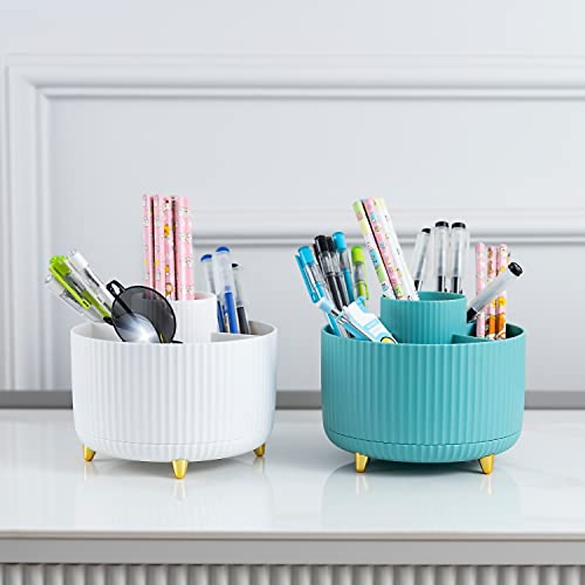 Desk Pencil Pen Holder, 5 Slots 360°Degree Rotating Pencil Pen Organizers for Desk, Desktop Storage Stationery Supplies Organizer, Cute Pencil Cup Pot for Office, School, Home, Art Supply (White)