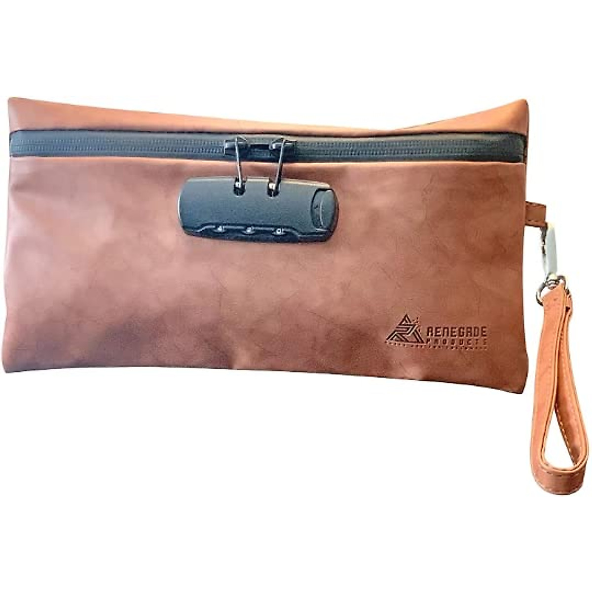iRenegade locking cash drop money bag with 3 digit personal combination lock travel security leather finish wristlet clutch bag odor absorbing + smell proof (lite brown)