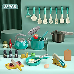 Zero Zoo 33Pcs Kids Kitchen Toy Accessories, Toddler Pretend Cooking Playset with Play Pots, Pans, Utensils, Cookware, Canned Vegetables, Cut Play Foods, Learning Gift for Girls Boys (33 Pcs-Green)