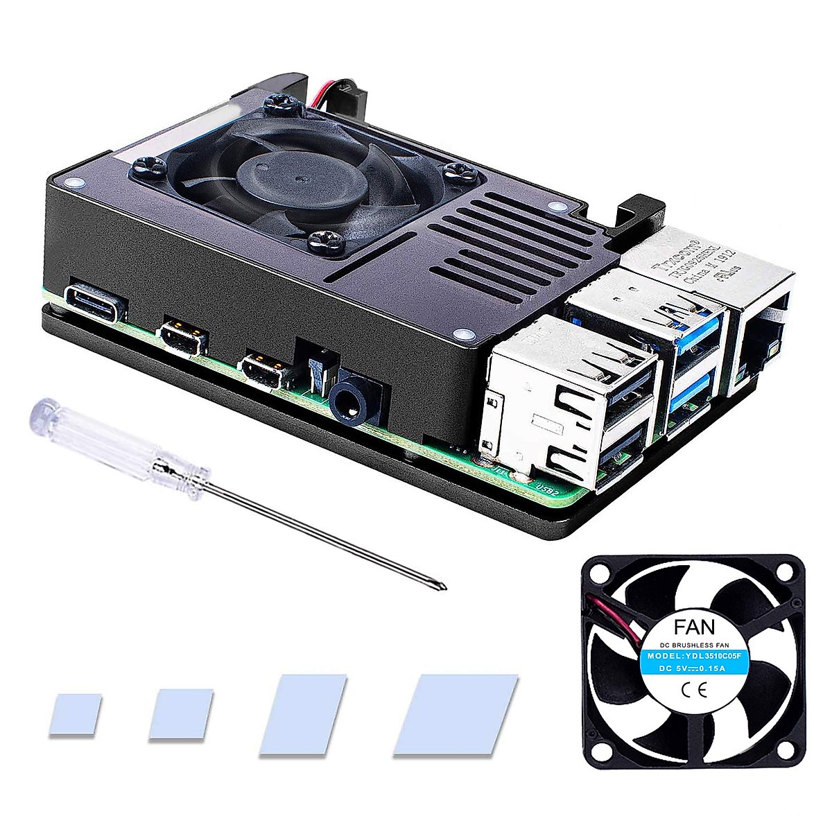 Smraza Case for Raspberry Pi 4, Metal Case for Raspberry Pi 4 Model B with Cooling Fan 35MM, Case Aluminum Alloy Enclosure with 4 PCS Heatsinks Pillar Thermal Adhesive Black (RPI Board Not Included)