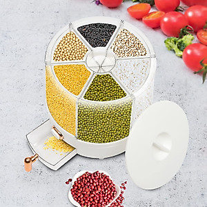 BANLICALI 6 Grid Rice Dispenser, 360° Rotating Dry Rice Dispenser PET PP Kitchen Grain Storage Container with Anti-slip Pads for Store Rice and Beans White+Clear (medium)