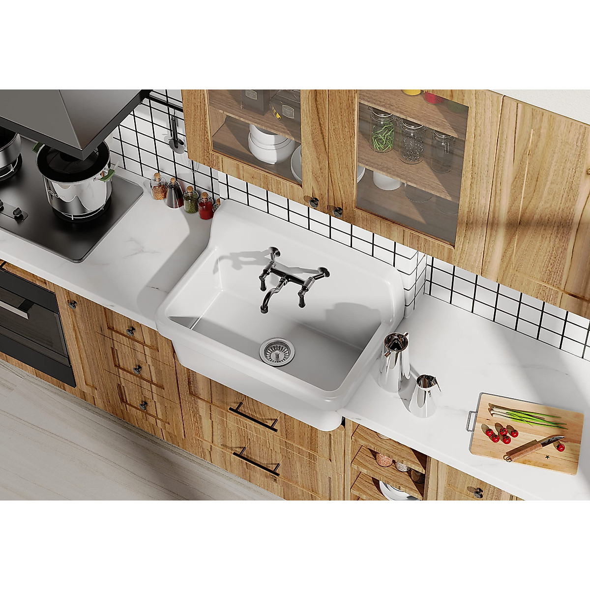 ELLAI 30 Inch White Wall Mount Utility Sink High Back Wall Mounted Ceramic Laundry Tub 15 Gallon Slop Sink for Laundry Room, Garage, Kitchen, Basement 30" x 19" x 18"