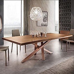 KWOKING Pine Solid Wood Top Dining Table Modern | Contemporary Pedestal Metallic Base Rectangle Table for Home Natural 55" L x 27.5" W x 29.5" H